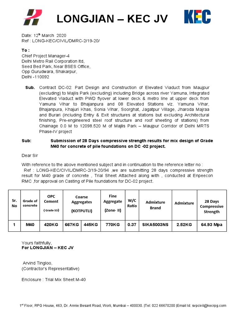 KEC Lab Mix Design Approval Letter M40 | PDF | Concrete | Civil Engineering