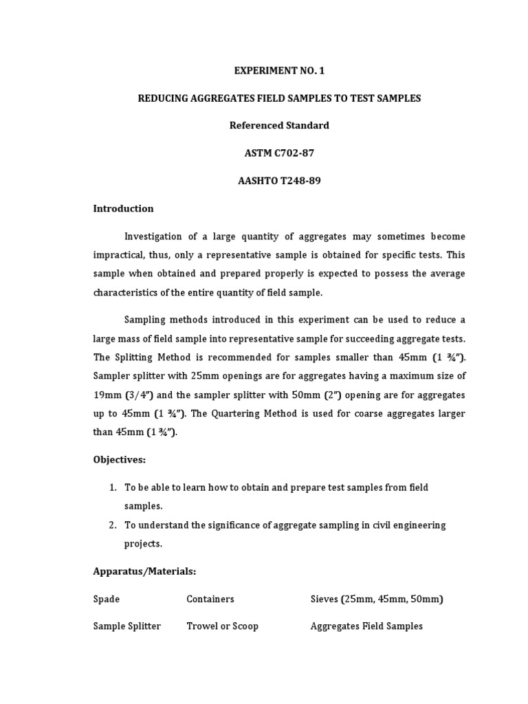 Experiment No. 1 Reducing Aggregates Field Samples To Test Samples ...