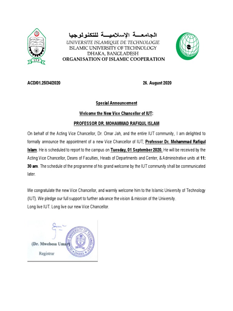 Welcoming The New VC of IUT Prof. Dr. Mohammad Rafiqul Islam | PDF