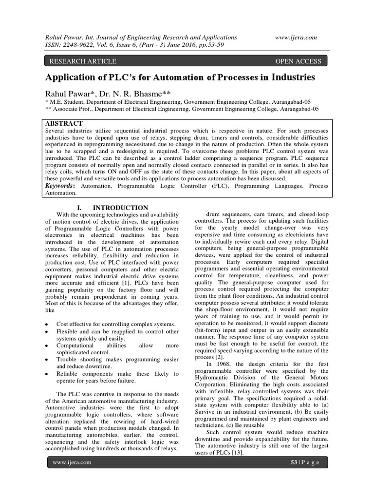 Application of PLC's For Automation of Processes in Industries | PDF