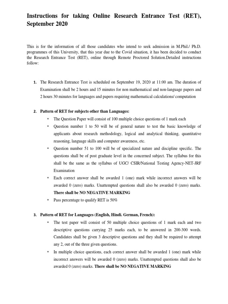 Instructions For Taking Online Research Entrance Test (RET), September ...