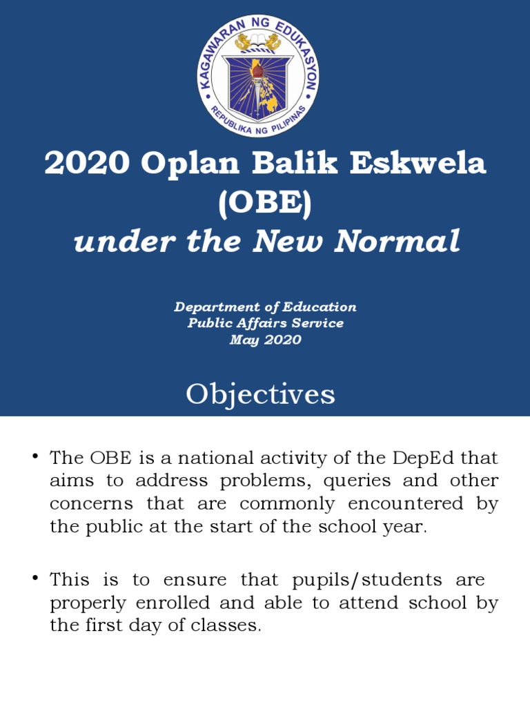 2020 Oplan Balik Eskwela (OBE) : Under The New Normal | PDF ...