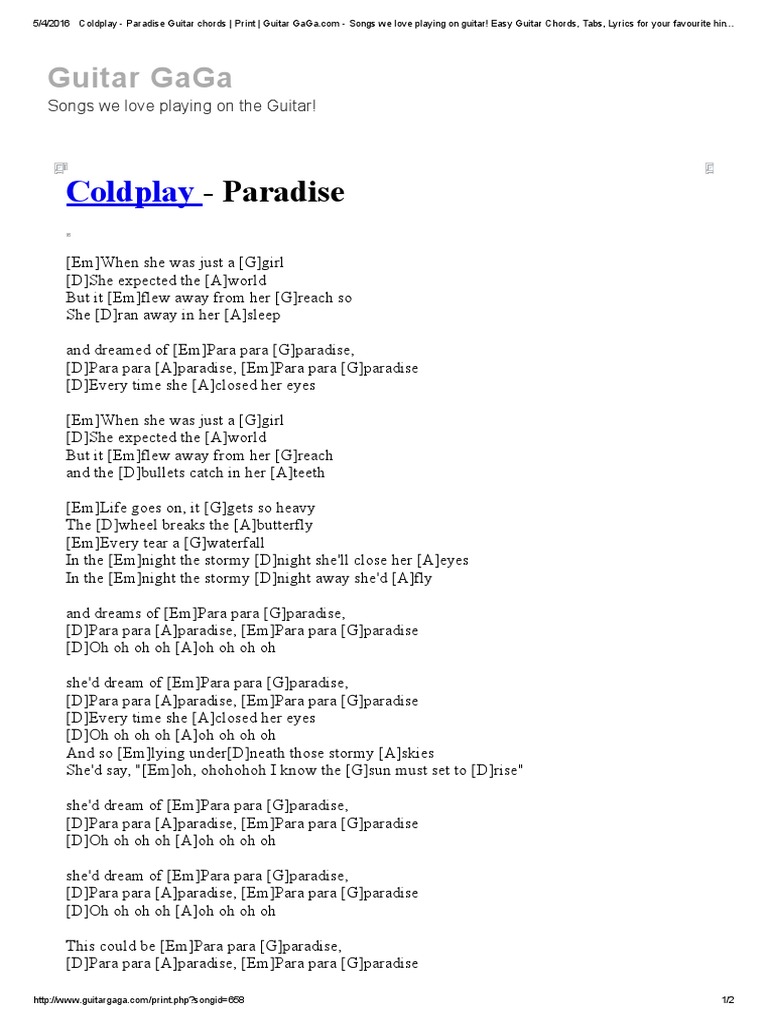 Coldplay - Paradise Guitar Chords - Print - Guitar GaGa PDF | PDF ...