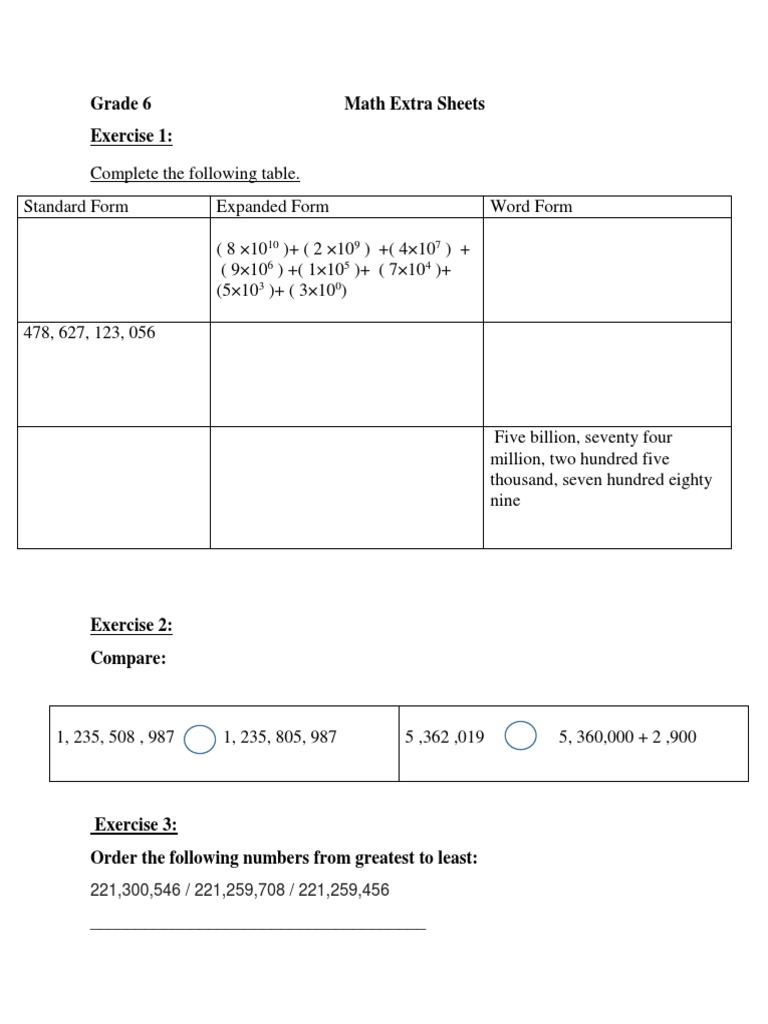 Math Grade 6 Extra Sheet | PDF | Elementary Mathematics | Discrete ...