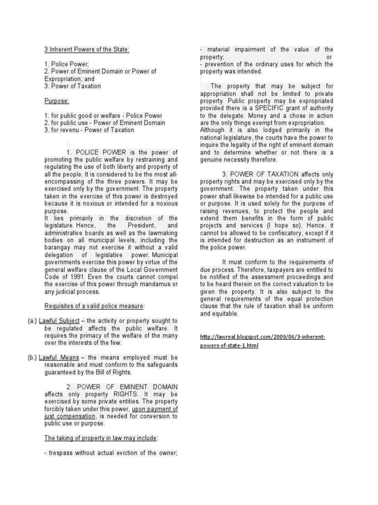 Three Inherent Powers of the State | PDF | Eminent Domain | Property