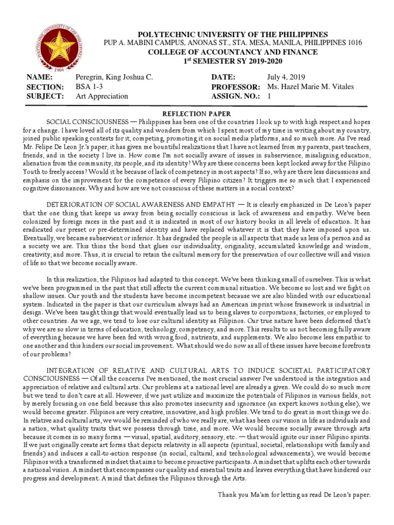 Art Appreciation Reflection Paper PDF | PDF | Philippines | Identity ...