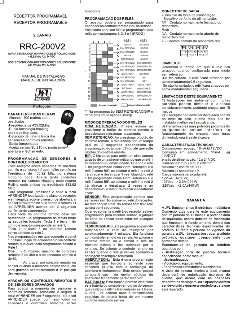 Manual do Receptor JFL RRC-200 | PDF | Controle remoto | Relé