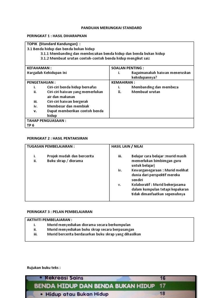 PANDUAN MERUNGKAI STANDARD - Sains Tahun 1 | PDF