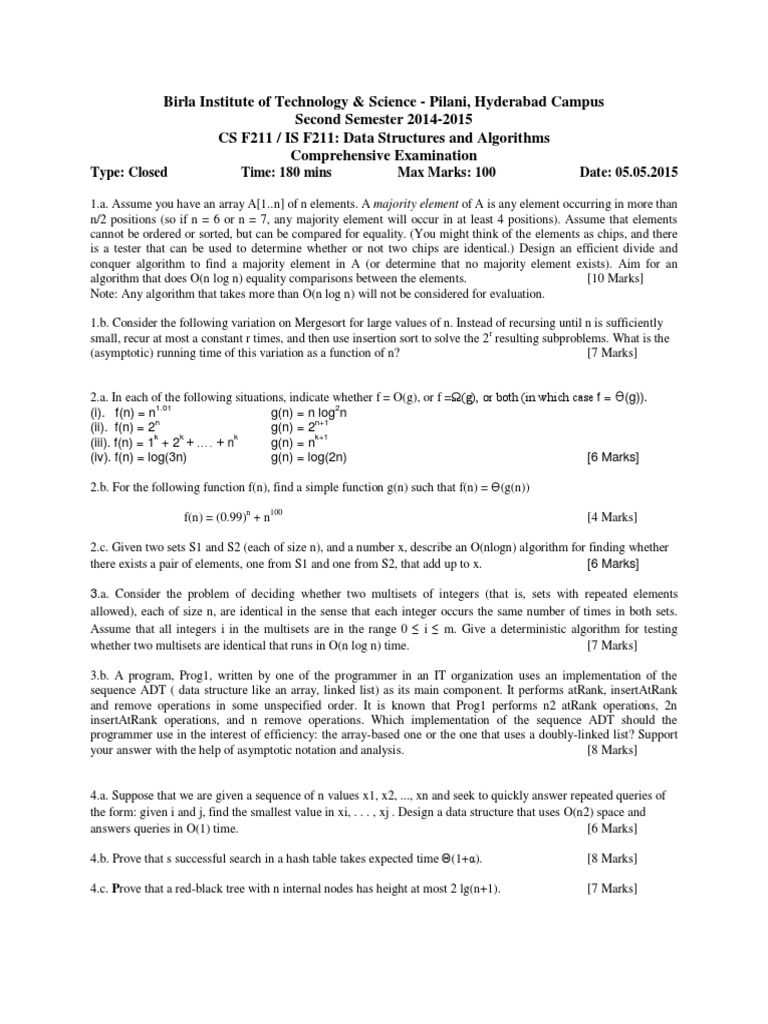 DSA 15 - Compre - Question Paper PDF | PDF | Time Complexity | Theoretical Computer Science