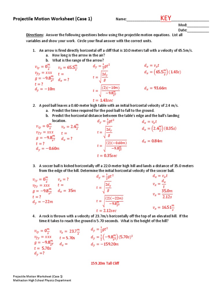 Projectile Motion Worksheet - Case 1 Answer Key | PDF | Projectiles ...
