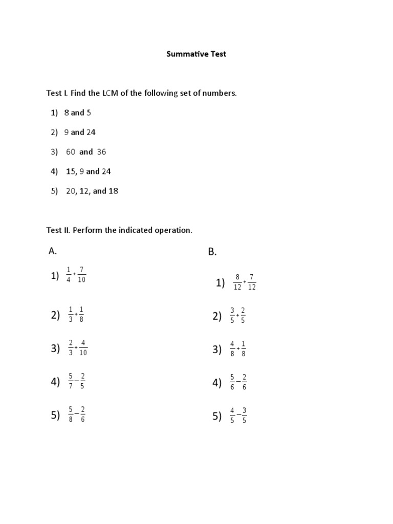 Summative Test - LCM, Addition of Fractions | PDF