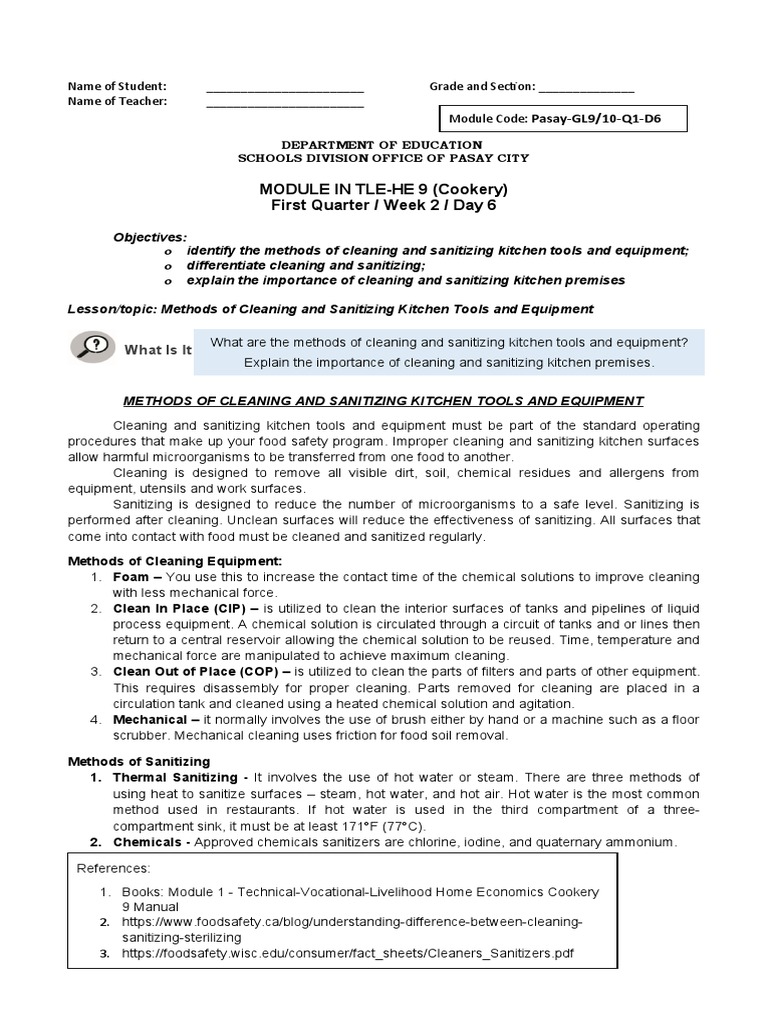Q1-Cookery-Module-LESSON-06-Methods-of-Cleaning-and-Sanitizing EDITED 63020 | PDF | Disinfectant ...