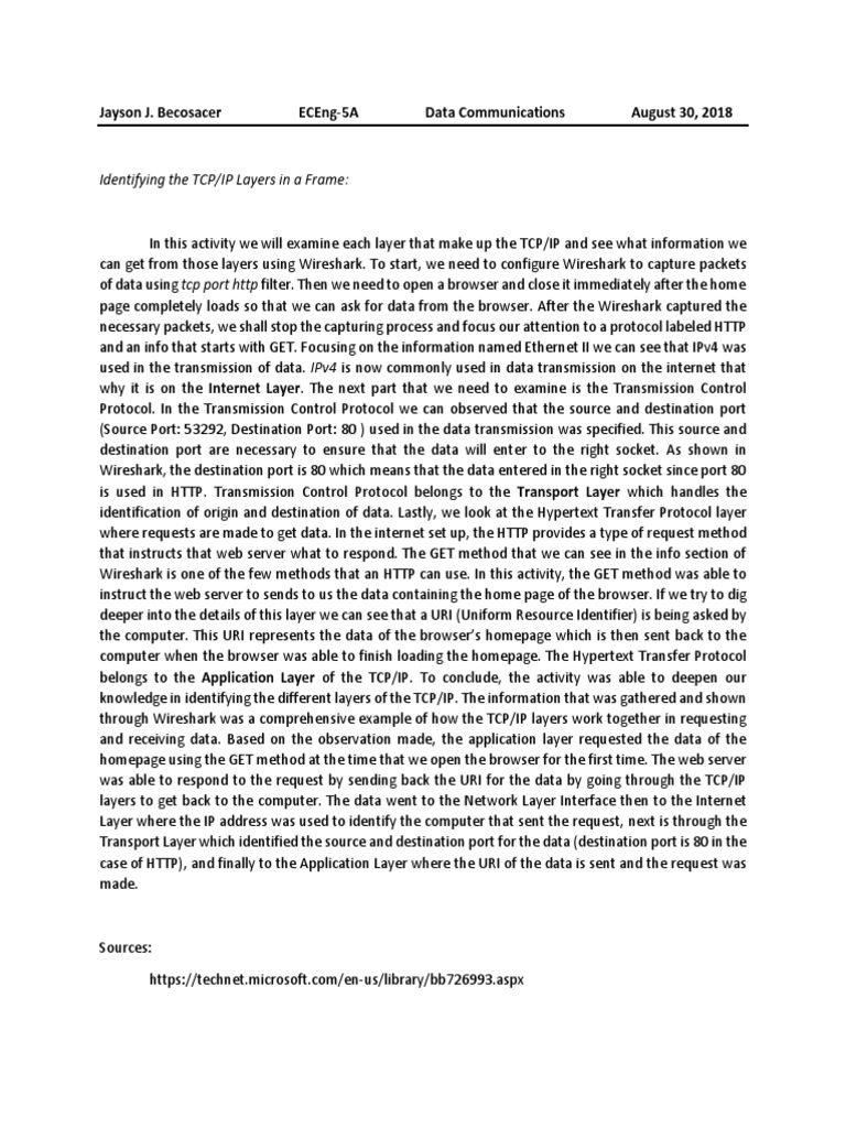 Identifying The Tcp/Ip Layers in A Frame:: Jayson J. Becosacer Eceng-5A Data Communications ...