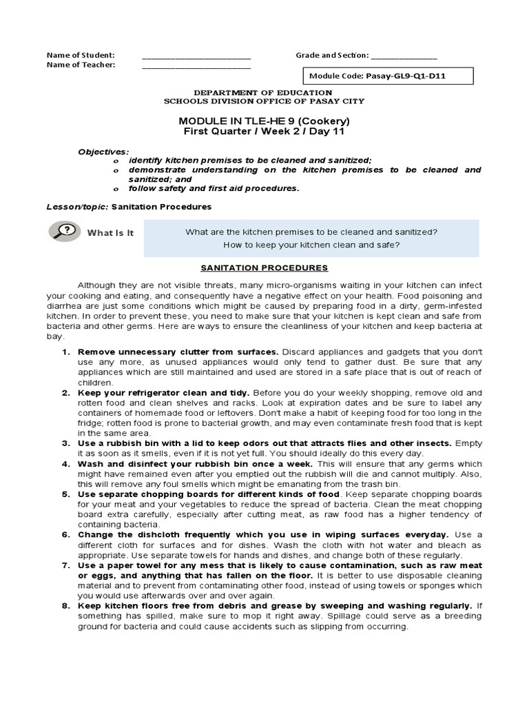 Q1-Cookery-Module-LESSON-11 Sanitation Procedures | PDF | Kitchen | Foods