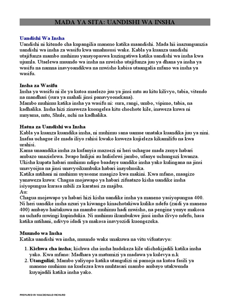 Mada Ya 6 Uandishi Wa Insha | PDF