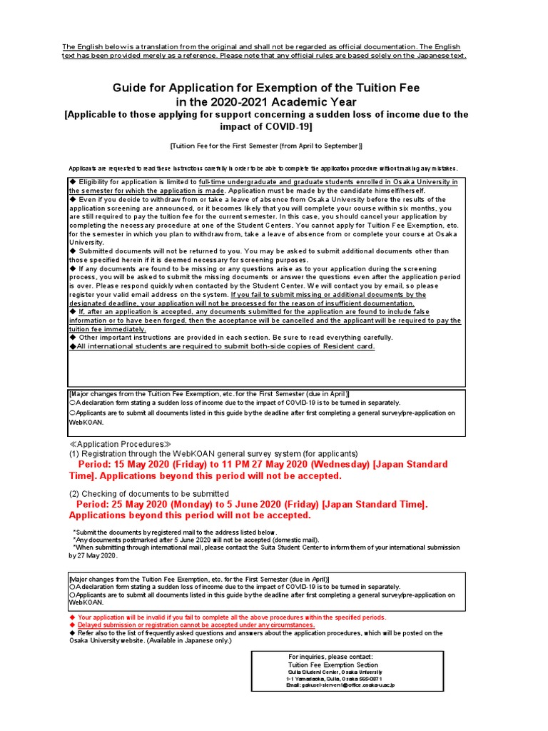 Guide for Application for Exemption of the Tuition Fee in the 2020-2021 AY and Forms (COVID-19 ...