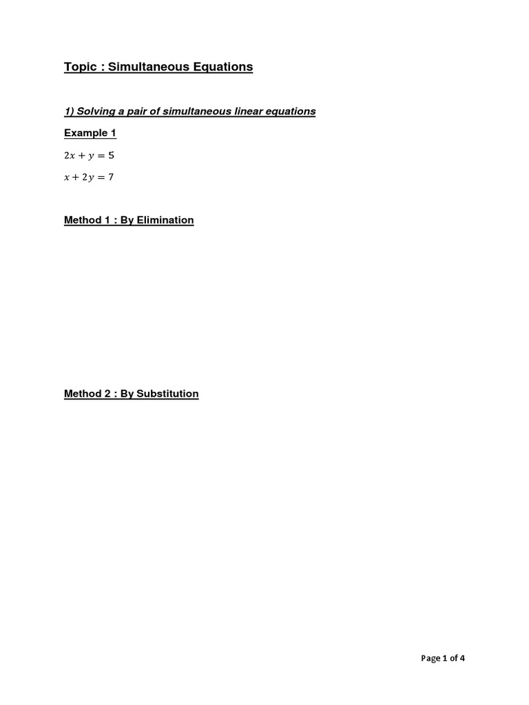 Simultaneous Equations Worksheet 1 | PDF