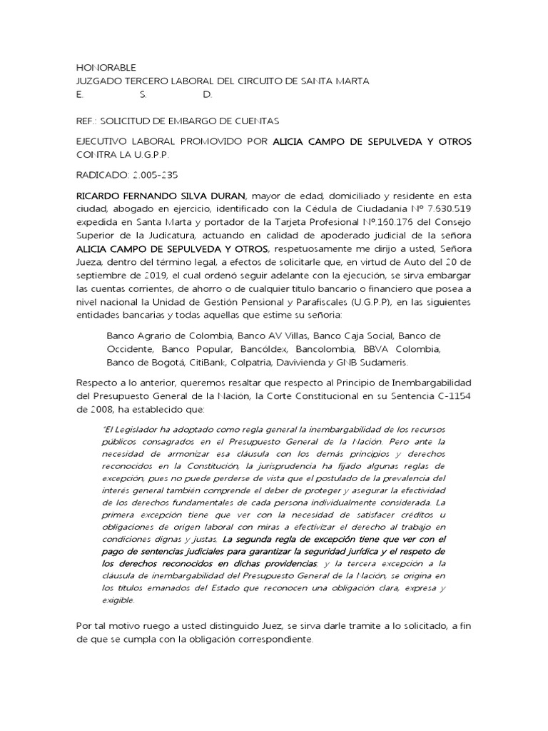 Solicitud Embargo de Cuentas | PDF | Bancos | Juez
