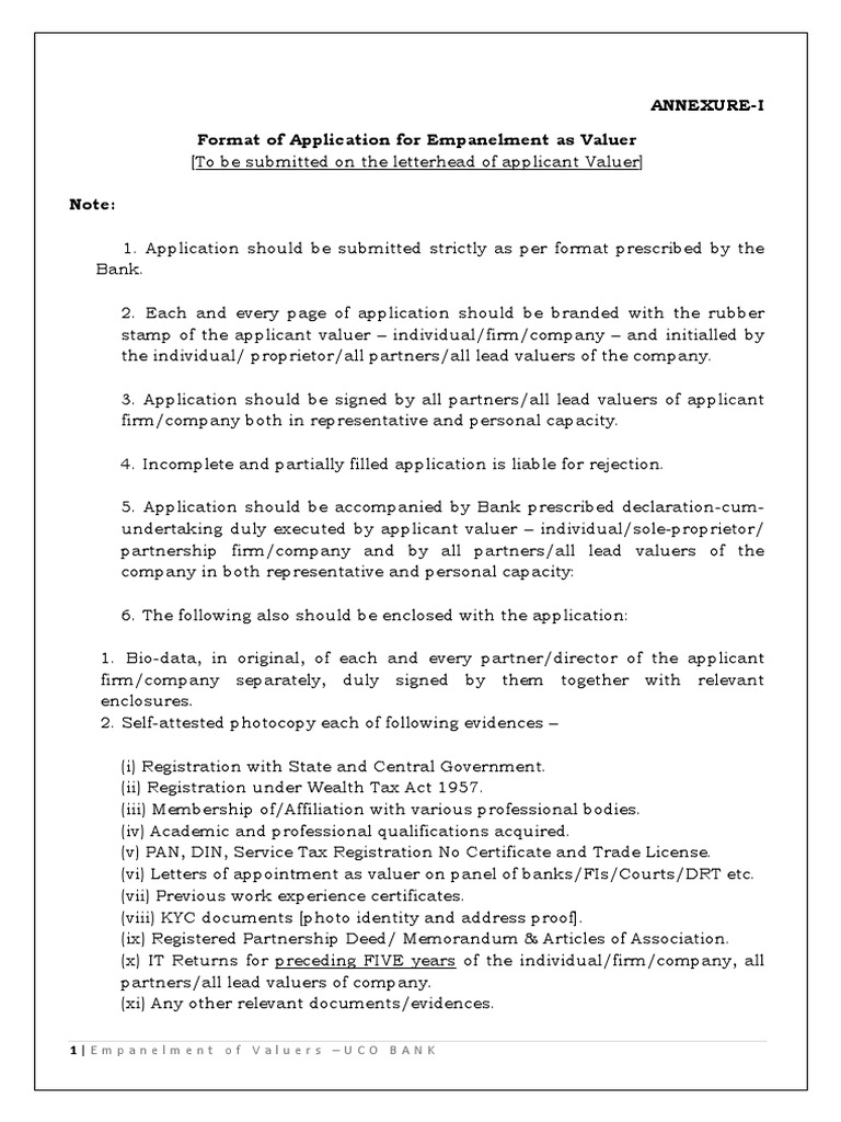 Annexure-I Format of Application For Empanelment As Valuer | PDF | Real Estate Appraisal ...