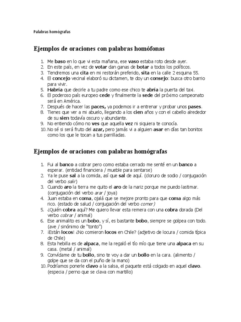 Ejemplos de palabras homógrafas y homófonas | PDF
