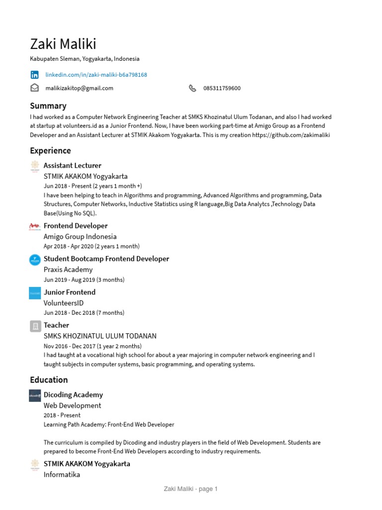 Resume Zaki Maliki PDF | PDF | Web Development | World Wide Web
