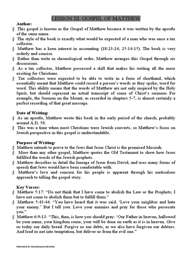 Lesson Xi Gospel of Matthew | PDF | Gospel Of Matthew | John The Baptist
