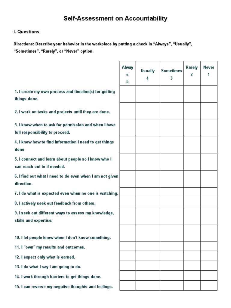Self-Assessment On Accountability: I. Questions | PDF | Accountability ...
