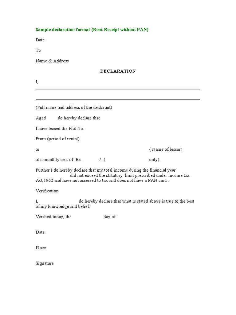 Rent Receipt Self-Declaration Format | PDF | Business | Law