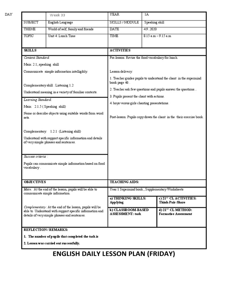 RPH ENGLISH Y1docx | PDF | Lesson Plan | English Language