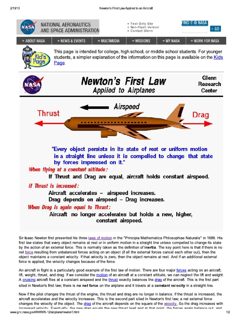 Newton's First Law Applied To An Aircraft | PDF