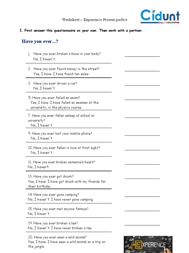 Have You Ever... ?: Worksheet - Experience Present Perfect | PDF