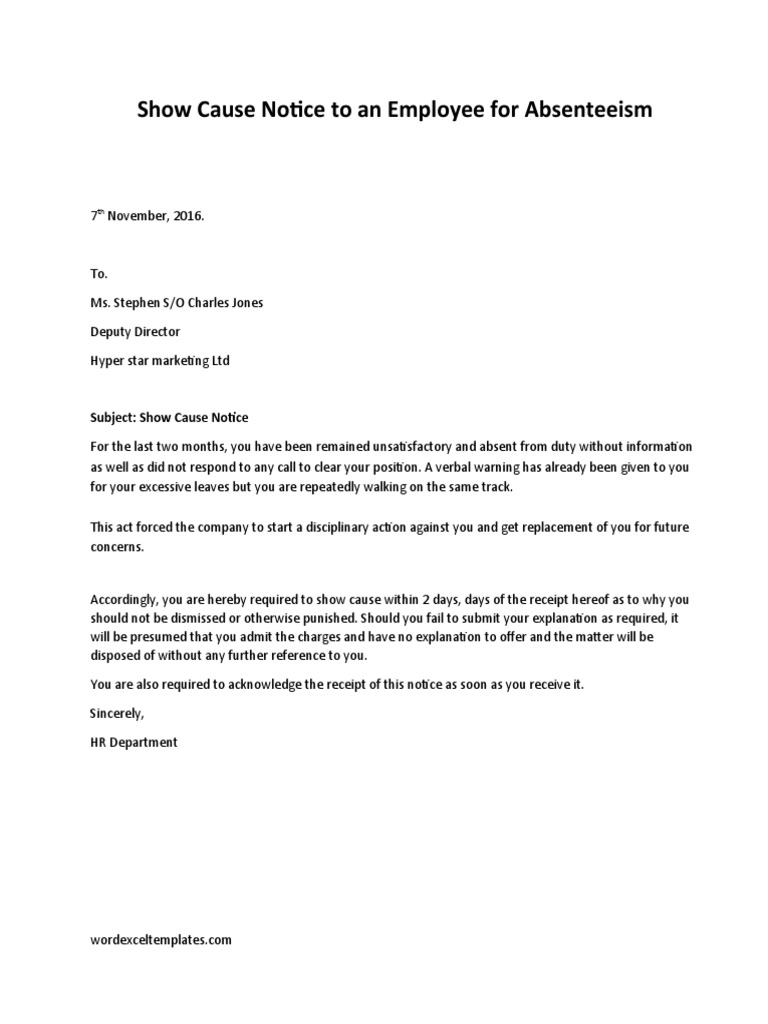 Show Cause Notice To An Employee For Absenteeism | PDF