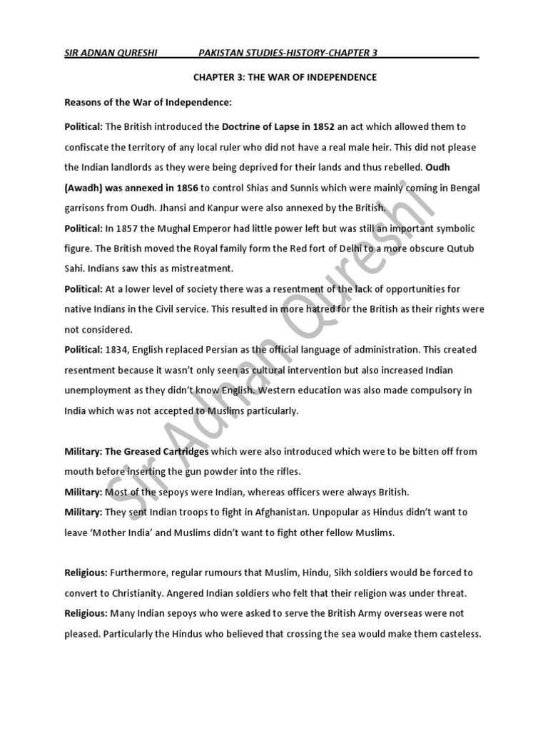 Chapter 3-War of Independence-Notes | PDF | Indian Rebellion Of 1857 ...