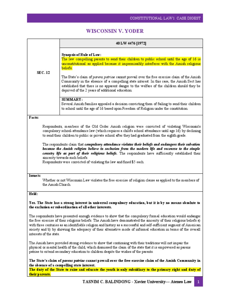 Wisconsin V. Yoder: Constitutional Law 1 Case Digest | PDF | Free ...