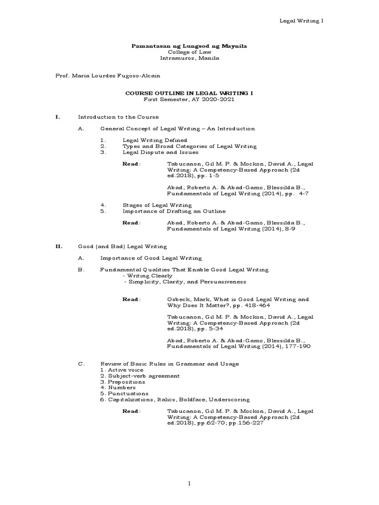 Course Outline in Legal Writing | PDF | Government | Justice