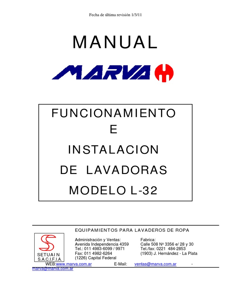 MARVA-MANUAL-LAVADORA-instalacionyfuncionamientoL32-v2011 PDF | PDF | Lavadora | Agua