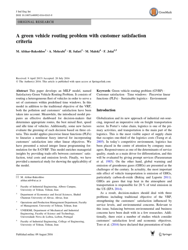 A Green Vehicle Routing Problem With Customer Satisfaction Criteria ...