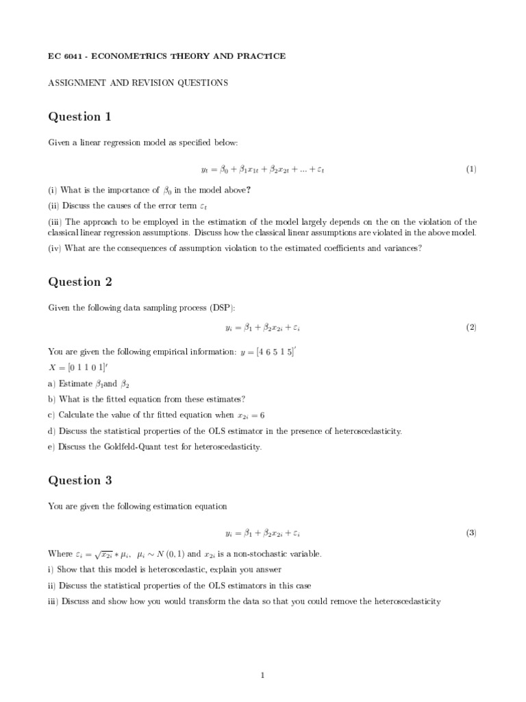 Ec 6041 - Econometrics Theory and Practice: T 0 1 1t 2 2t T | PDF | Heteroscedasticity ...