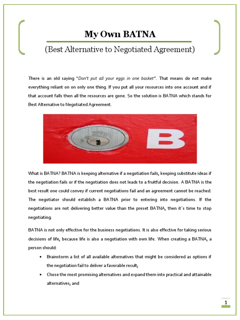My Own Batna: (Best Alternative To Negotiated Agreement) | PDF ...