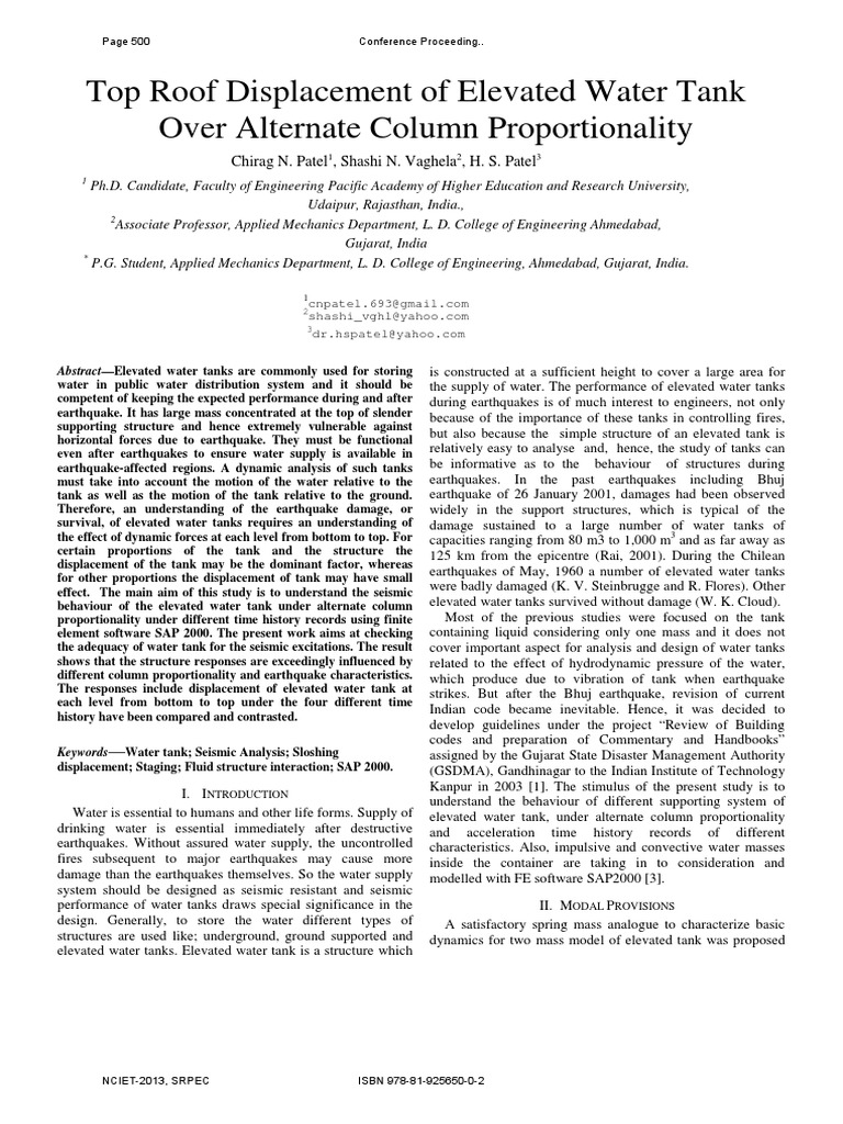 Analysis of Top Roof Displacement of an Elevated Water Tank Under ...