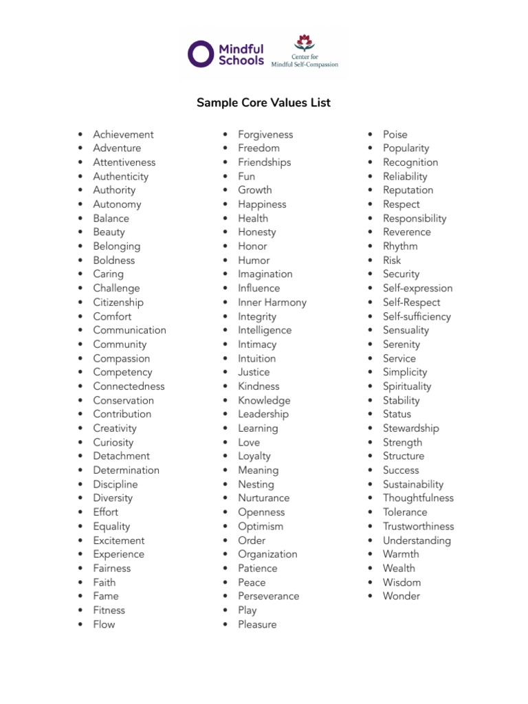 Sample Core Values List | PDF | Career & Growth | Wellness