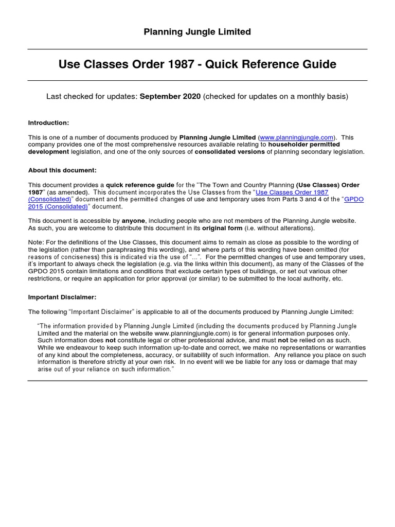 Use Classes Order 1987 Quick Reference Guide Planning Jungle Limited Pdf Business