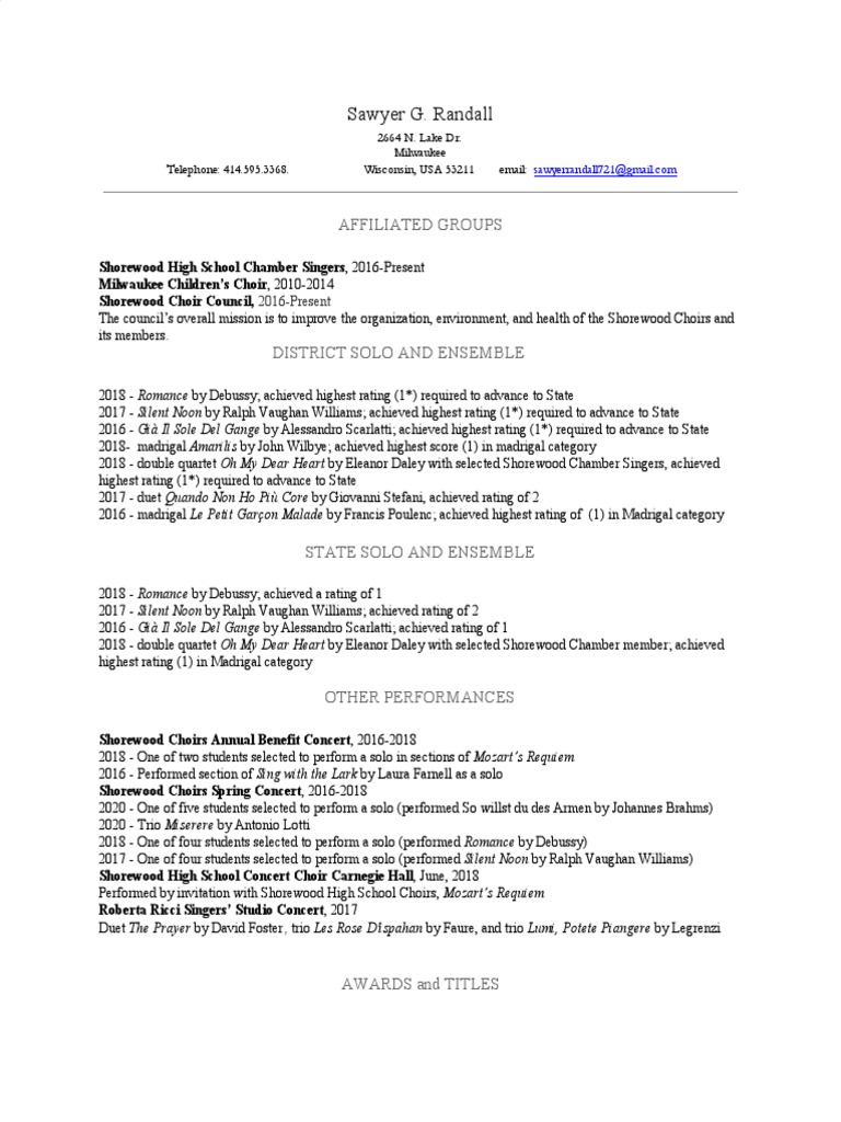 Sawyer Randall Music Resume 2020 | PDF | Choir | Vocal Music