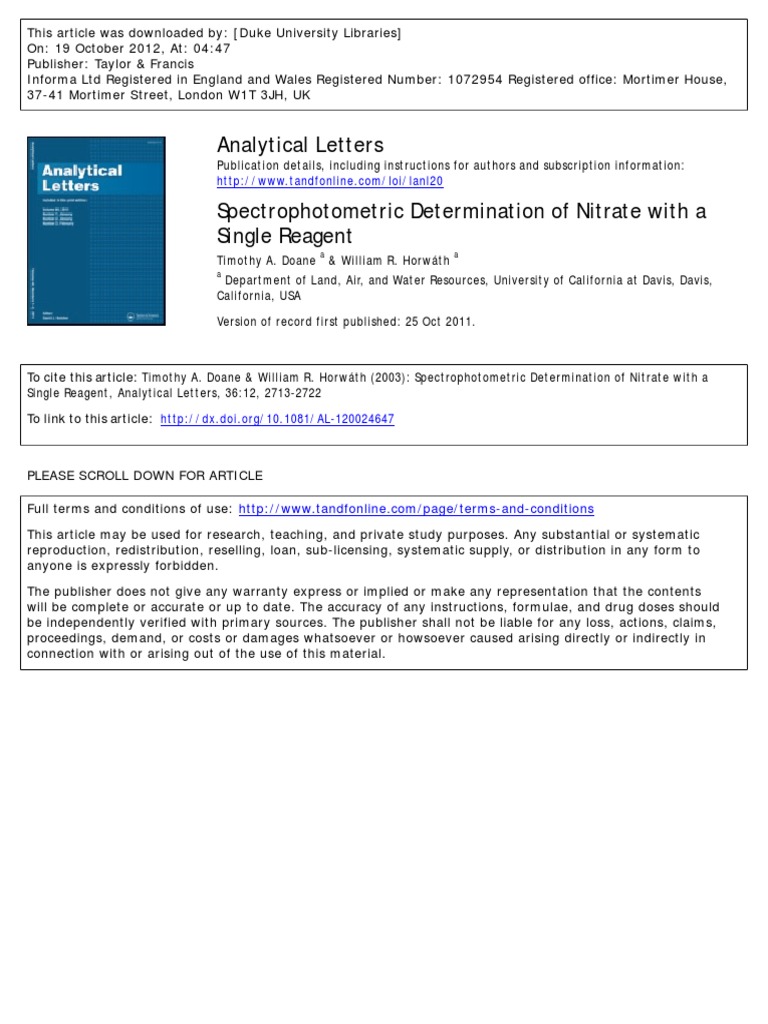 Spectrophotometric Determination Of Nitrate Pdf Detection Limit Nitrate