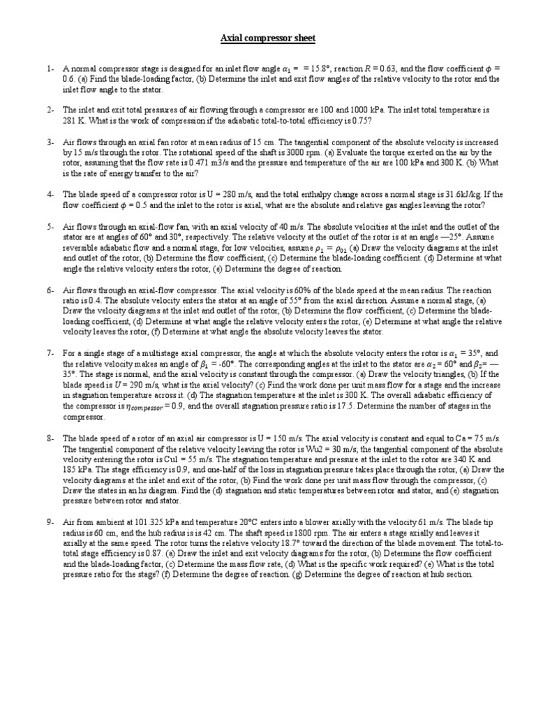 Axial Compressor Sheet | PDF | Turbine | Gas Technologies