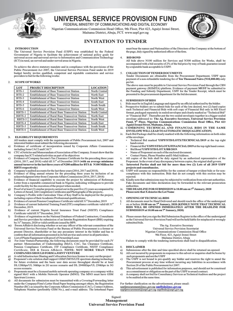 Universal Service Provision Fund: Invitation To Tender | PDF | Joint ...