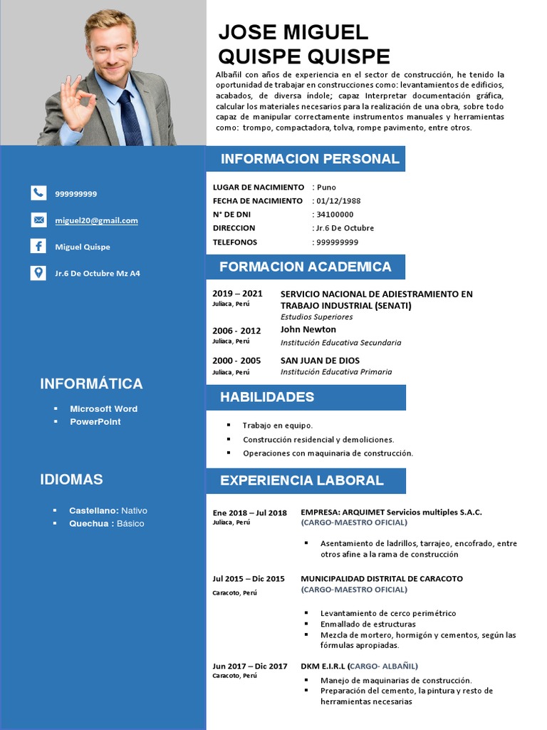 Plantilla-Curriculum-Vitae de Maestro Albañil | PDF | Perú | Informática