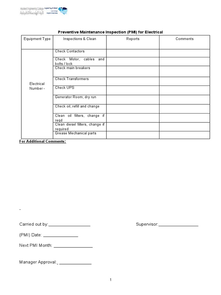 Preventive Maintenance Inspection (PMI) For Electrical: Carried Out By ...
