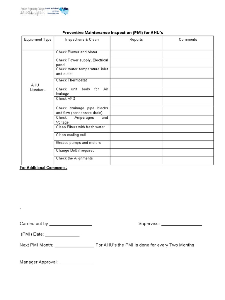Preventive Maintenance Inspection (PMI) For AHU's | PDF