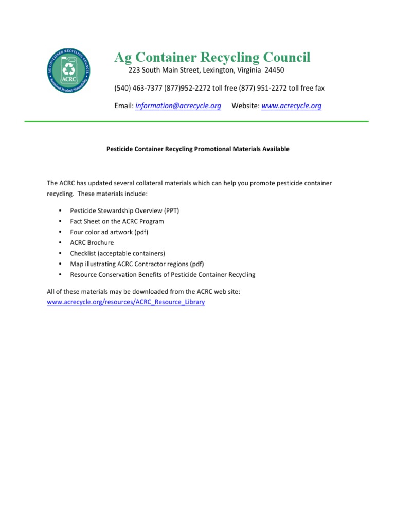 Pesticide Container Recycling Promotional Materials Available PDF | PDF ...